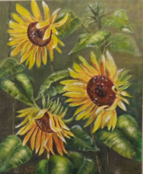 Sunflowers Painting With Green Leaves