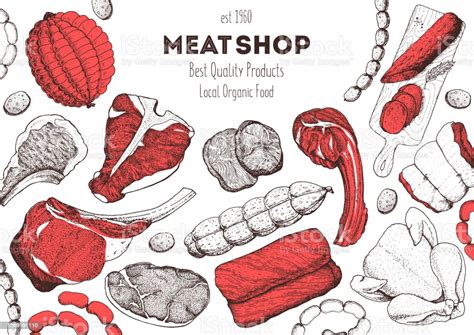 육류 제품 상단 보기 프레임 벡터 그림입니다 새겨진 디자인 손으로 그린 그림 고기 디자인 템플릿의 조각 패키지 디자인에 적합합니다 닭고기 쇠고기 돼지 고기 소시지 양고기 햄