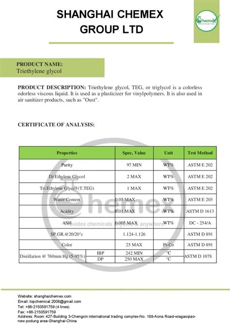 Buy Triethylene Glycol Price Uses And Formula Shanghai Chemex