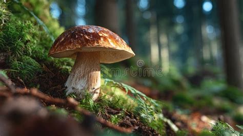 Boletus Mushroom Growing In Mossy Forest Under Natural Light