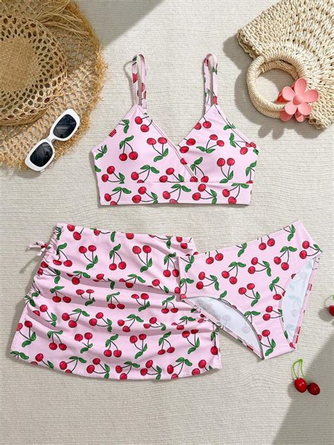 Shein Tween Girl Cherry Print Spaghetti Strap Bikini Set With Ruffle