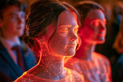 Premium Photo Illuminated Face In A Crowd With A Light Projection Mapping Display At A