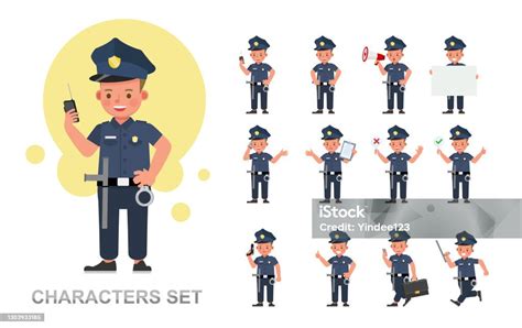 경찰관 아이 작업 캐릭터 벡터 디자인의 세트 감정 달리기 서서 걷기와 함께 다양한 액션으로 프리젠 테이션 경찰관에 대한 스톡 벡터 아트 및 기타 이미지 Istock