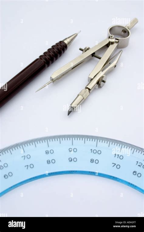 Protractor Pencil And Compass Precision Engineering Or Architectural Drawing Instruments Stock