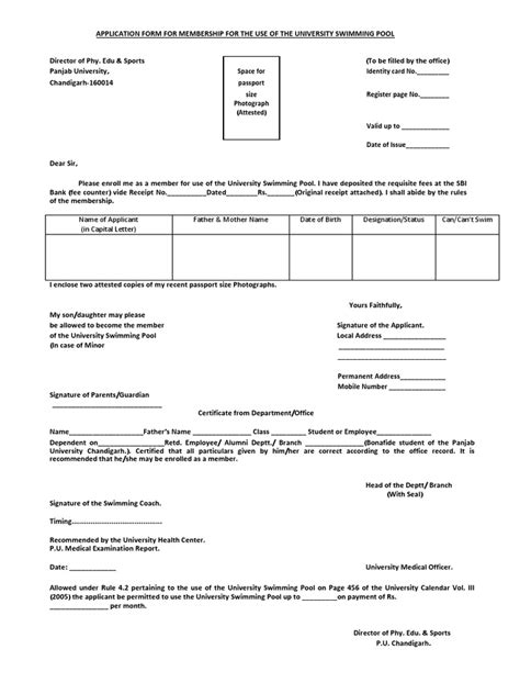 Swimming Form Pdf Fee