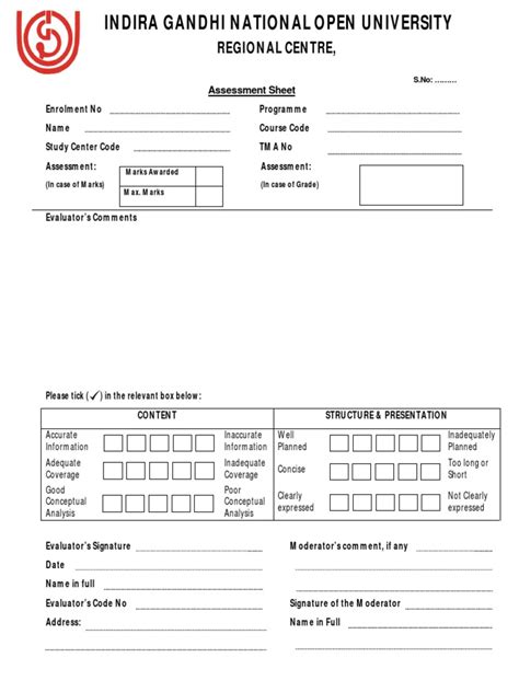 Ignou Assessment Sheet Pdf