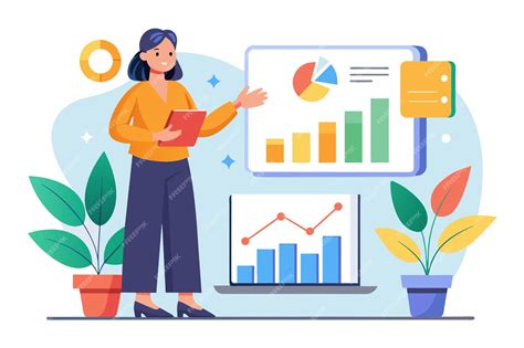 Premium Vector A Woman Analyzing Statistics On A Whiteboard Filled With Graphs During A