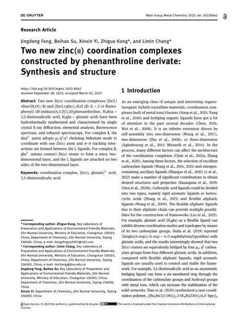 Pdf Two New Zinc Ii Coordination Complexes Constructed By Phenanthroline Derivate Synthesis