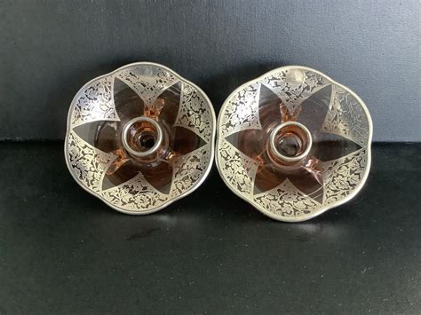 Pair Fostoria Vintage June Pattern Pink Candleholders With Silver