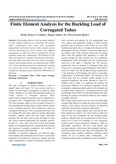 Pdf Finite Element Analysis For The Buckling Load Of Corrugated Tubes