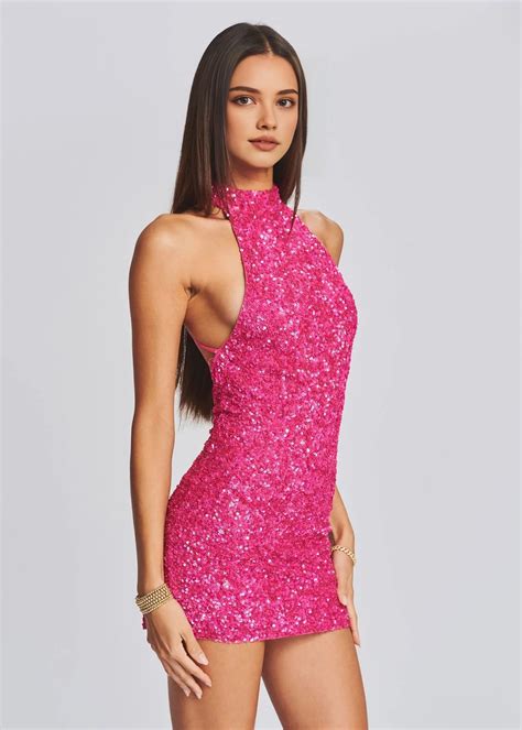Sexy Backless Halter Neck Sequin Party Dress Neon Attire