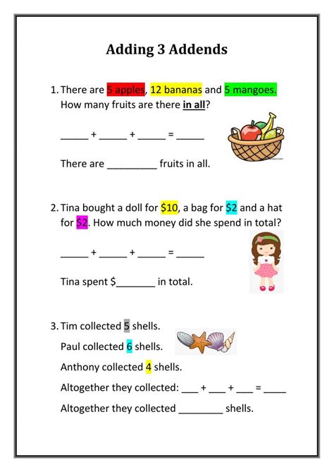 adding 3 addends word problems worksheet word problem worksheets