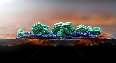 Green Crystals On Blue Mineral Sunset Background Geological Formation