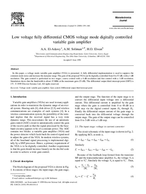 Pdf Low Voltage Fully Differential Cmos Voltage Mode Digitally Controlled Variable Gain Amplifier