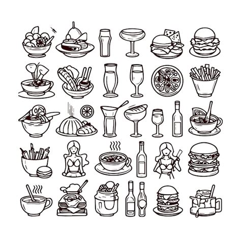 A Black And White Drawing Of A Variety Of Food Including Food And