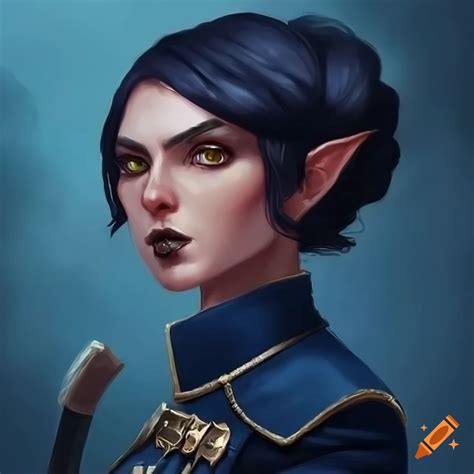 Young Elvish Woman In A Dark Blue Military Uniform With Short Dark Hair