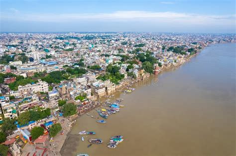 Aerial View Of Varanasi City With Ganges River Ghats The Houses In