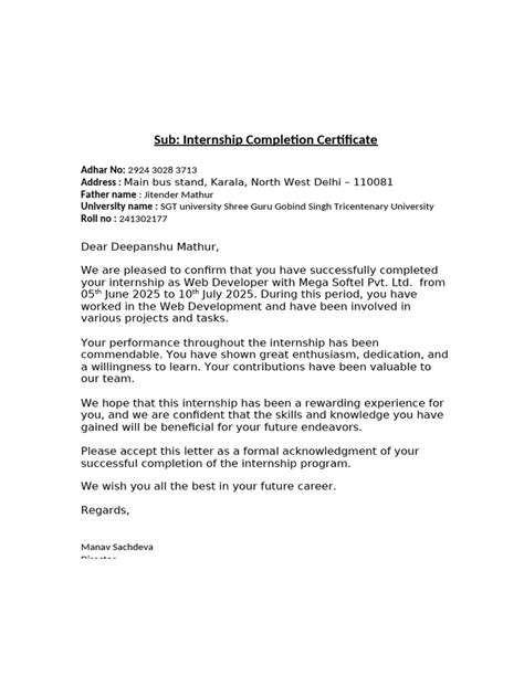 Internship Completion Certificate Web Developer Pdf