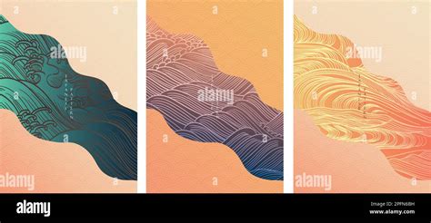 Japanese Background With Line Pattern Vector Abstract Landscape Template With Hand Drawn Wave