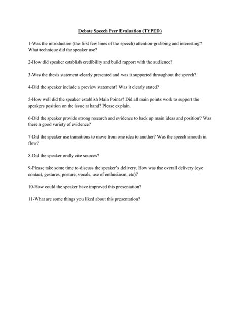 Debate Speech Peer Evaluation Typed What Technique Did The Speaker Use