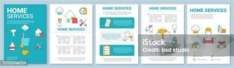 홈 서비스 브로셔 템플릿 레이아웃입니다 핸디 전단지 소책자 선형 그림이있는 전단지 인쇄 디자인 아파트 청소 잡지 연례 보고서 광고 포스터에 대한 벡터 페이지 레이아웃
