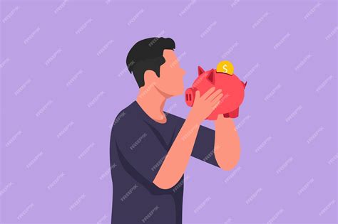 그래픽 플랫 디자인 그리기 잘생긴 젊은 남성 지주 및 키스 돼지 저금통 부 기호 및 절약 캠페인 개념 십대 재무 계획 미래 만화 스타일 벡터 그림 프리미엄 벡터