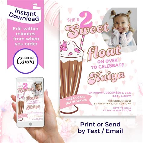 Ice Cream Float Birthday Invitation Editable Template Two Sweet Party