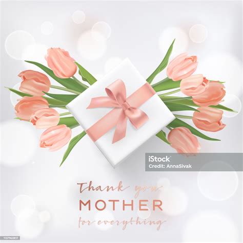 튤립 꽃과 행복 한 어머니의 날 배너입니다 인사말 카드 전단지 포스터 브로셔 판매 템플릿 선물 상자와 어머니의 날 디자인입니다 벡터 일러스트 계절에 대한 스톡 벡터 아트 및