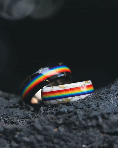 Haven Matching Set Of Pride Inspired Trustone Wedding Bands Rainbow