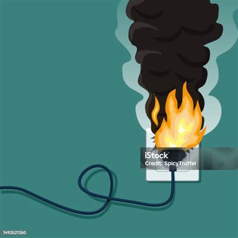 불타는 불이 있는 전기 소켓 합선 와이어 플러그 서지 충격 전원 케이블 사고 전기 콘센트 위험과 위험 과부하된 배선 벡터 그림