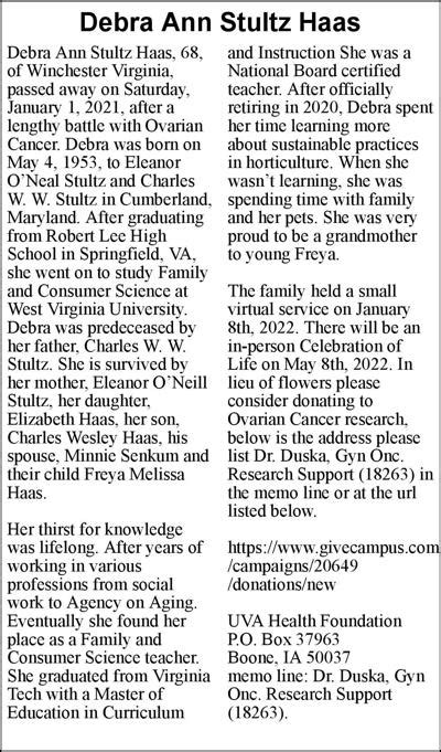 Debra Ann Stultz Haas Obituaries