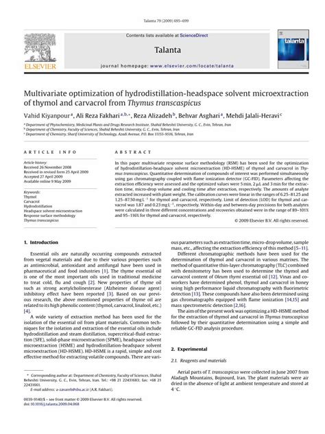 Pdf Multivariate Optimization Of Hydrodistillation Headspace Solvent