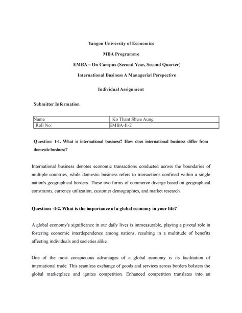 International Business Individual Assignment Ko Thant Shwe Aung Emba Ii 2 Yangon University
