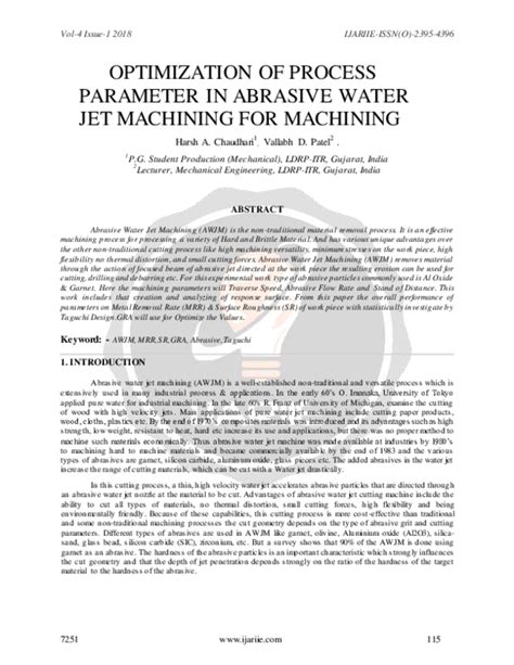 Pdf Optimization Of Process Parameter In Abrasive Water Jet Machining For Machining