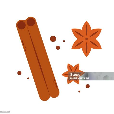 Batang Kayu Manis Dan Bunga Adas Manis Set Rempahrempah Ilustrasi Kartun Sketsa Doodle Ilustrasi