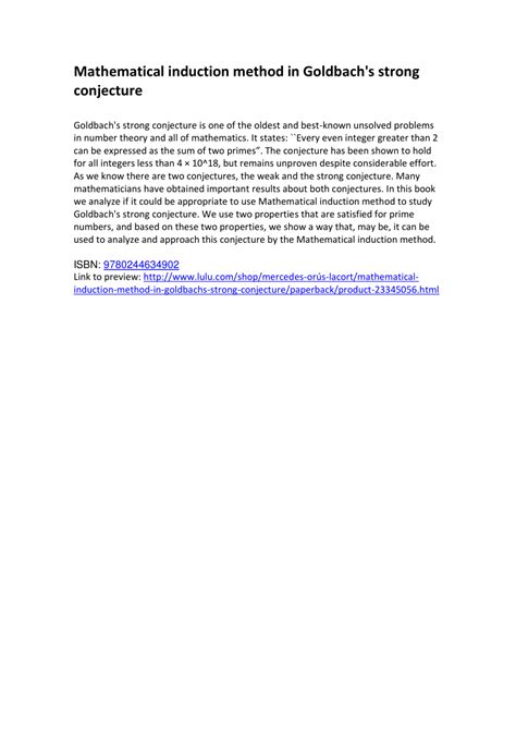 Pdf Mathematical Induction Method In Goldbachs Strong Conjecture