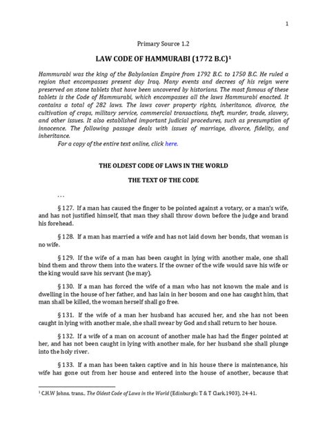 Primary Source 12 Hammurabi Pdf Marriage Hammurabi
