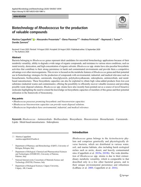 Pdf Biotechnology Of Rhodococcus For The Production Of Valuable Compounds