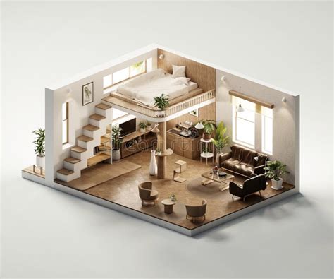 Isometric View Living Room Muji Style Open Inside Interior Architecture 3d Rendering Digital