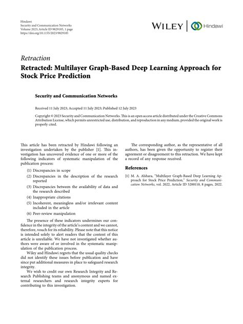Pdf Retracted Multilayer Graph Based Deep Learning Approach For Stock Price Prediction