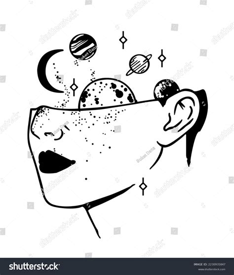 Set Girls Head Space Planet Portrait Stock Vector Royalty Free