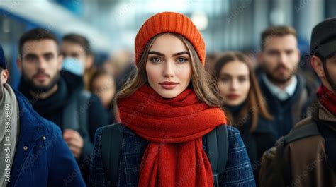 Amidst A Crowd Of Commuters A Young Woman Wearing An Orange Hat And A
