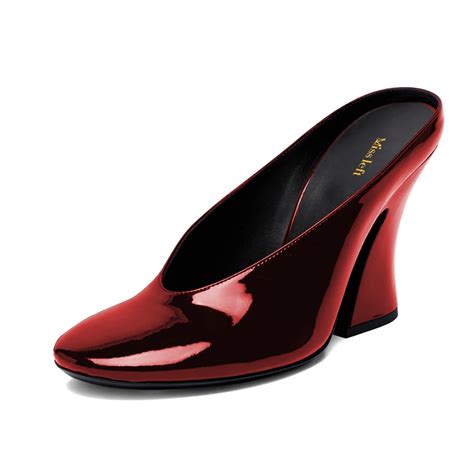 Red Patent Leather Round Toe Block Heel Slip On Mules For Women
