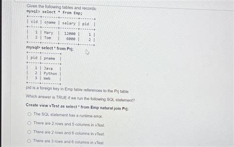 solved given the following tables and records mysql select