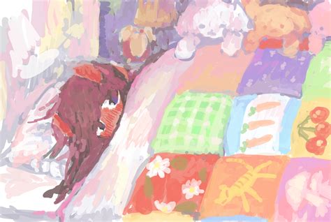 44insects Original Plaid 1girl Alarm Clock Bed Bedroom Blanket Blush Carrot Print