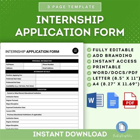 Internship Application Form Template Probiztemplates