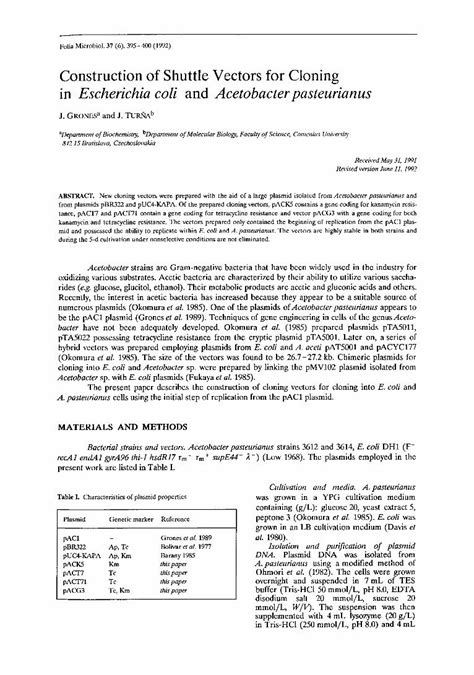 Pdf Construction Of Shuttle Vectors For Cloning Inescherichia Coli