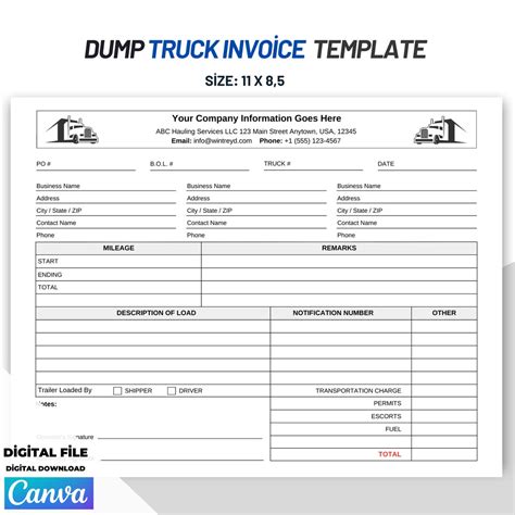 Dump Truck Invoice Form Template Digital Download Etsy