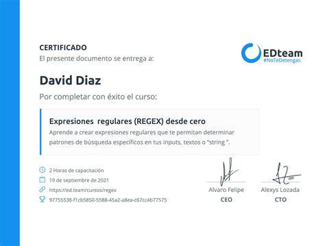 Certificado De David Diaz Del Curso Expresiones Regulares Regex Desde