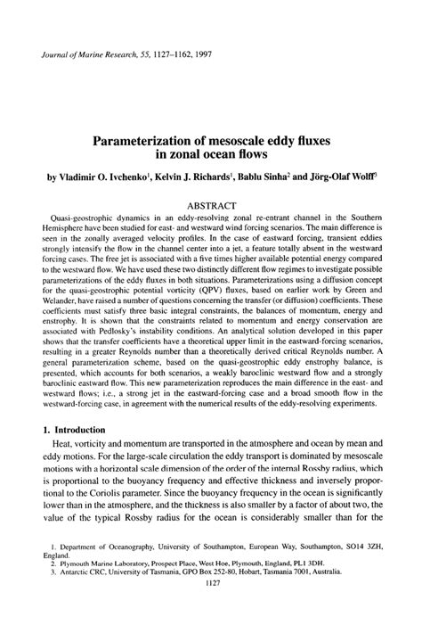Pdf Parameterization Of Mesoscale Eddy Fluxes In Zonal Ocean Flows